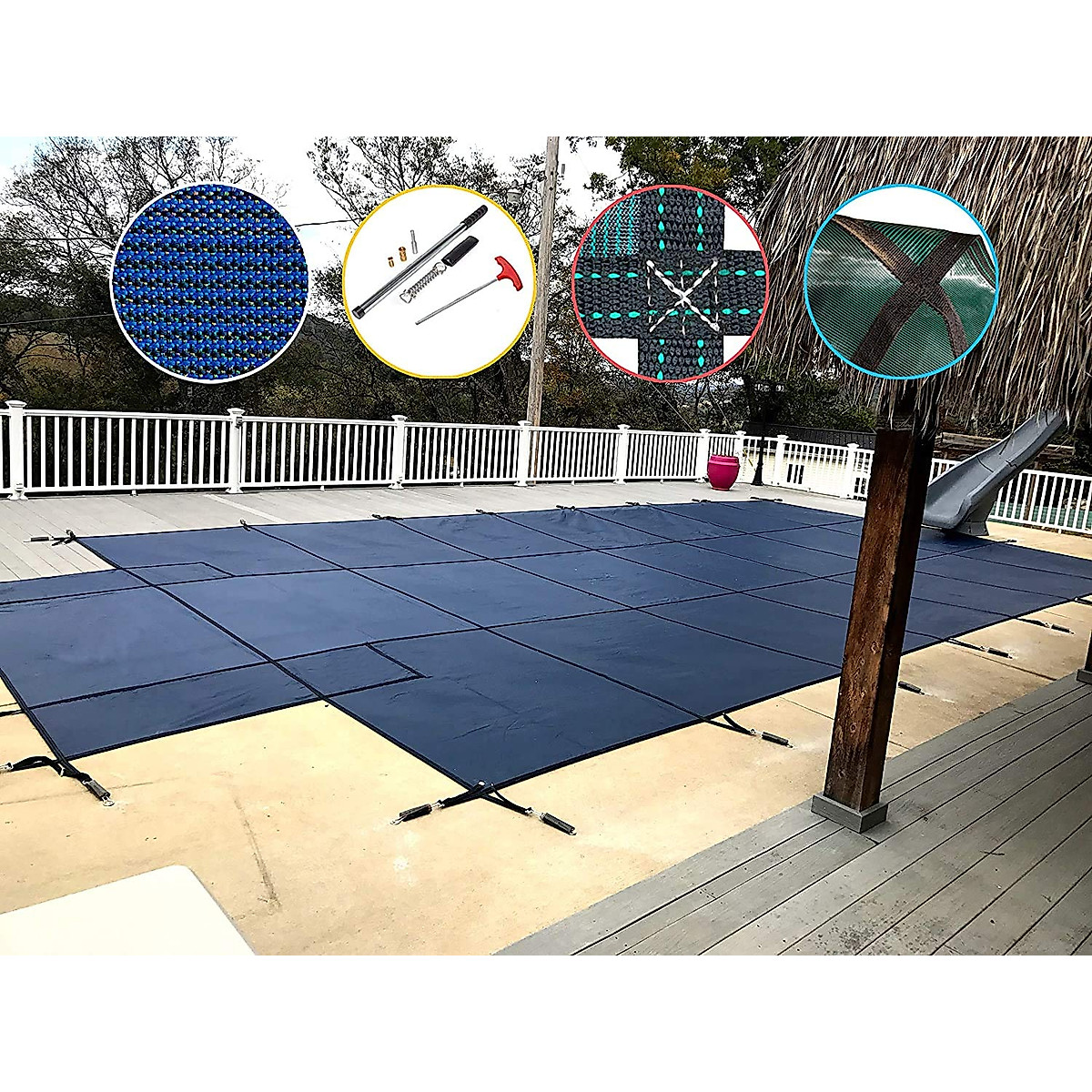 WaterWarden Premium Pool Safety Cover for 16’ x 32’ In-Ground Pool with Center End Step, 20-Year Warranty, Superior Strength and Durability, UL Classified to ASTM F1346, Hardware Included, Blue Mesh