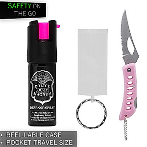 Police Magnum Mini Pepper Spray Self Defense- Small Discreet Pink OC Spray- 1 Pack 1/2oz Twist Lock Keyring (Pink Pocket Knife &Clear Sleeve)