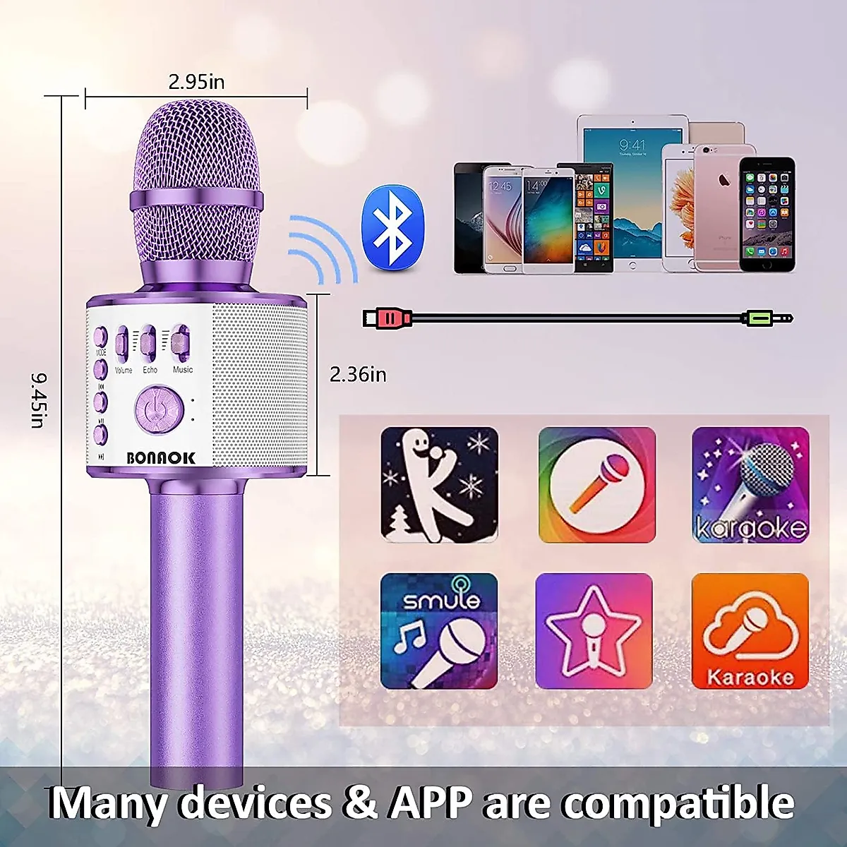 BONAOK Wireless Bluetooth Karaoke Microphone, 3-in-1 Portable Handheld Mic Speaker Machine for All Smartphones, for Girls Boys Kids Adults All Age Q37(Light Purple)