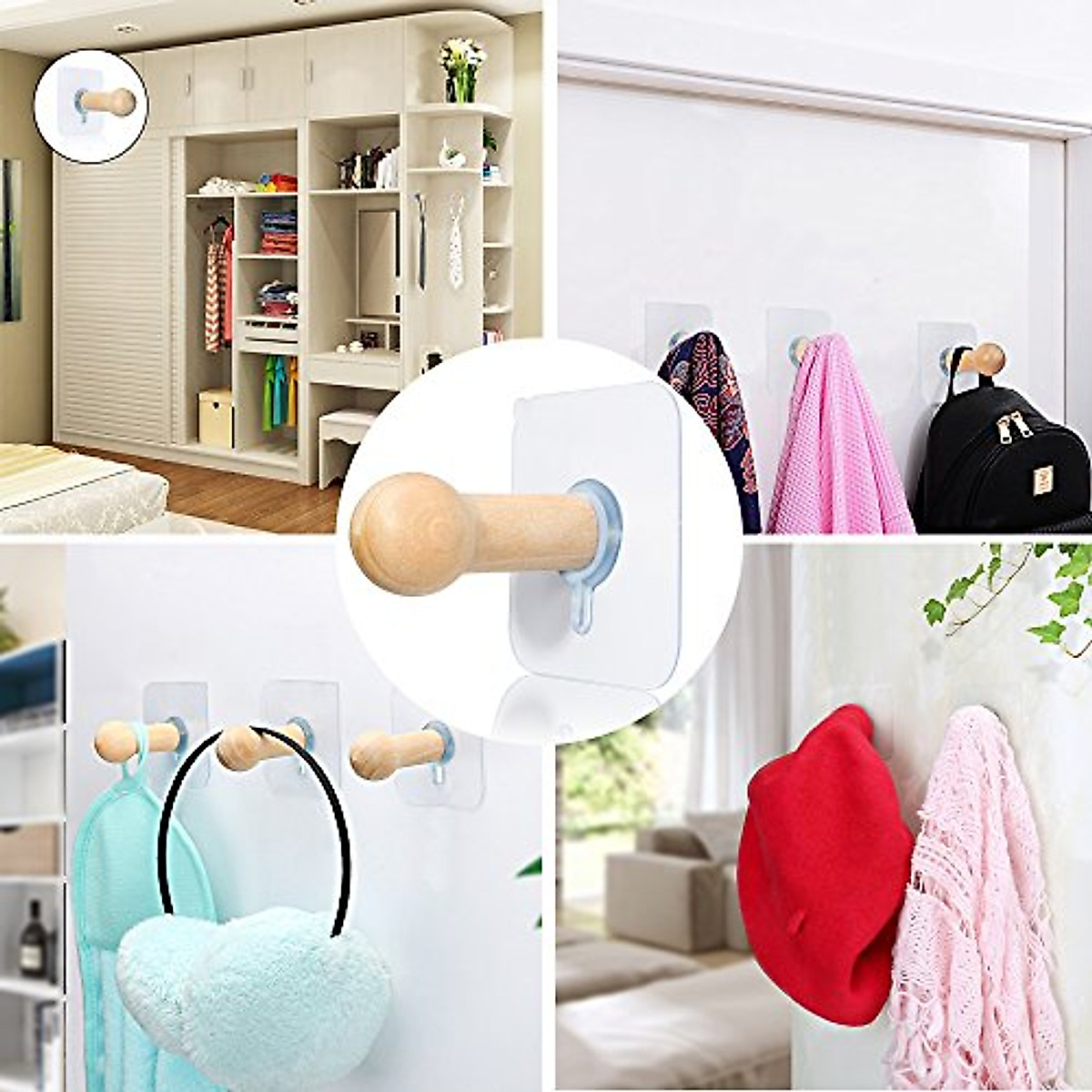 FOTYRIG Adhesive Hat Hooks for Wall Hat Hanger Wall Rack Mounted Coat Hanging Wooden Bathroom Hooks Stick On Door Closet Cabinet Wardrobe Entryway Waterproof OilProof-8 Packs