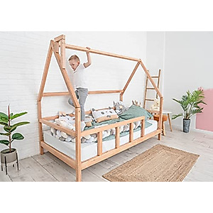 BUSYWOOD Montessori Bed For Toddlers - Wooden House Bed Frame - Twin Bed - Bed Montessori (Model 1, Natural tree, with Legs & Slats)