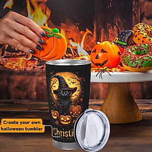 LoGiftFor Personalized Halloween Black-Cat Tumbler - Witch Pumpkin Halloween Gifts For Women Men - Spooky Season Cat Gift For Cat Lovers - Custom Halloween Tumblers Coffee Cup 20oz Lid