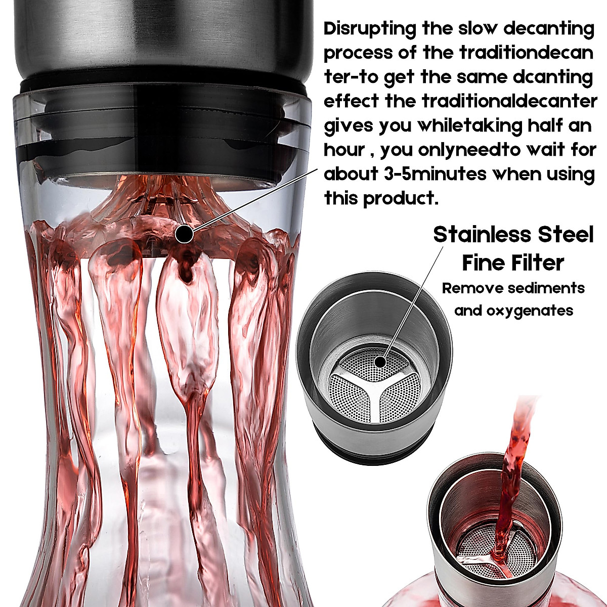 VnoPerito Wine Decanter,Red Wine Carafe,Decanter with Built-in Aerator Pourer, 100% Hand Blown Lead-free Crystal Glass with Stainless Steel Pourer Lid, Filter, Wine Gifts for Men