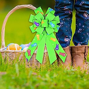 Easter Wreath Bows, Green Spots Rabbits Burlap Easter Bows for Wreaths - Large Easter Ribbon Bows for Easter Day Home Garden Indoor Outdoor Decoration Wreath Ornament Supplies