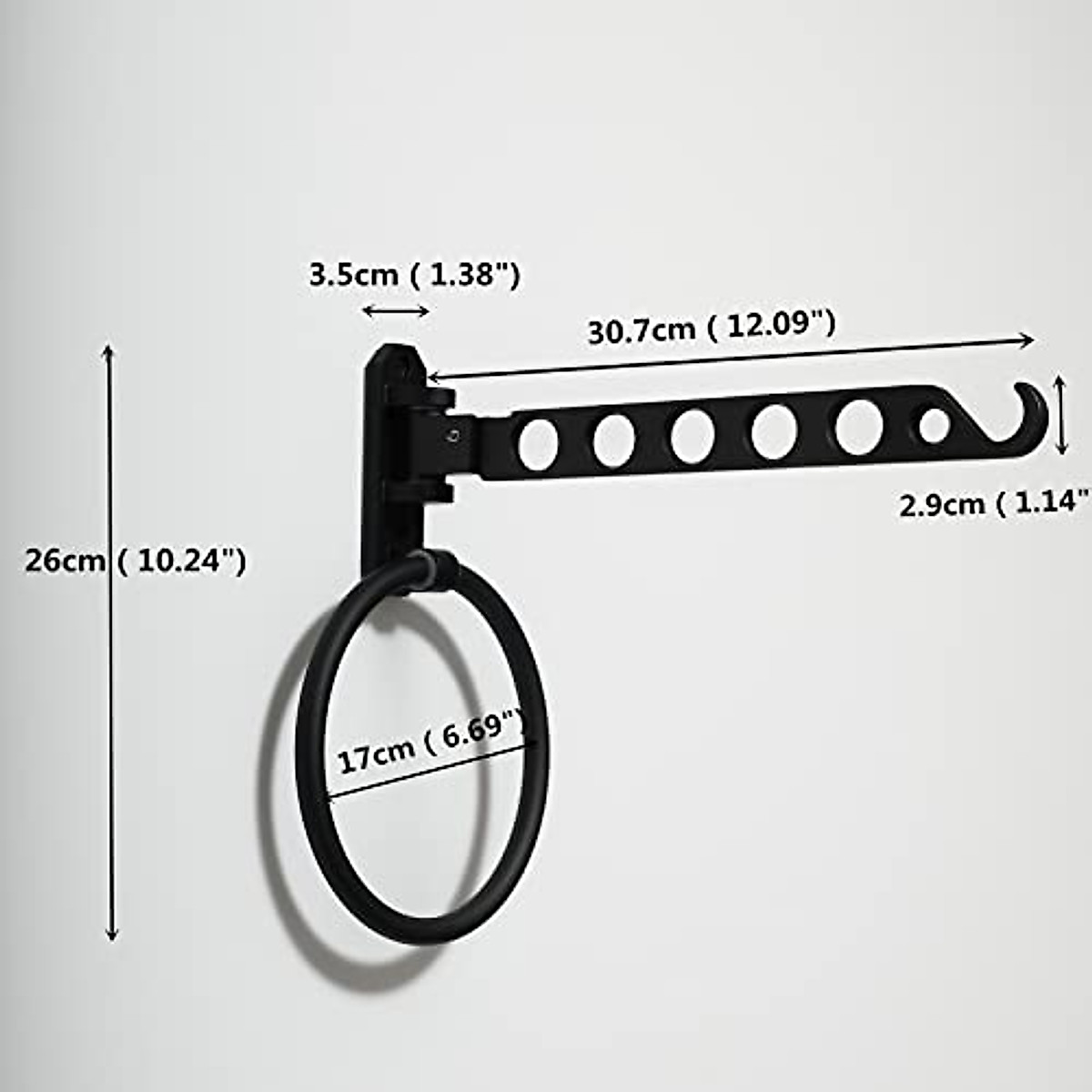 Yooloks Laundry Drying Rack Wall Mounted, Black Folding Clothes Drying Rack Clothes Hanger Rack with Swing Arm and Round Towel Ring, Space Saver for Laundry Room Bathroom Closet Storage Organizer