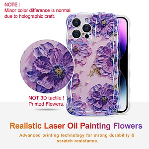 EYZUTAK Case for iPhone 13 Pro Max, Colorful Retro Oil Painting Printed Flower Laser Glossy Pattern Cute Curly Wave Edge Exquisite Phone Cover Stylish Durable TPU Protective Case for Girl Women-Purple