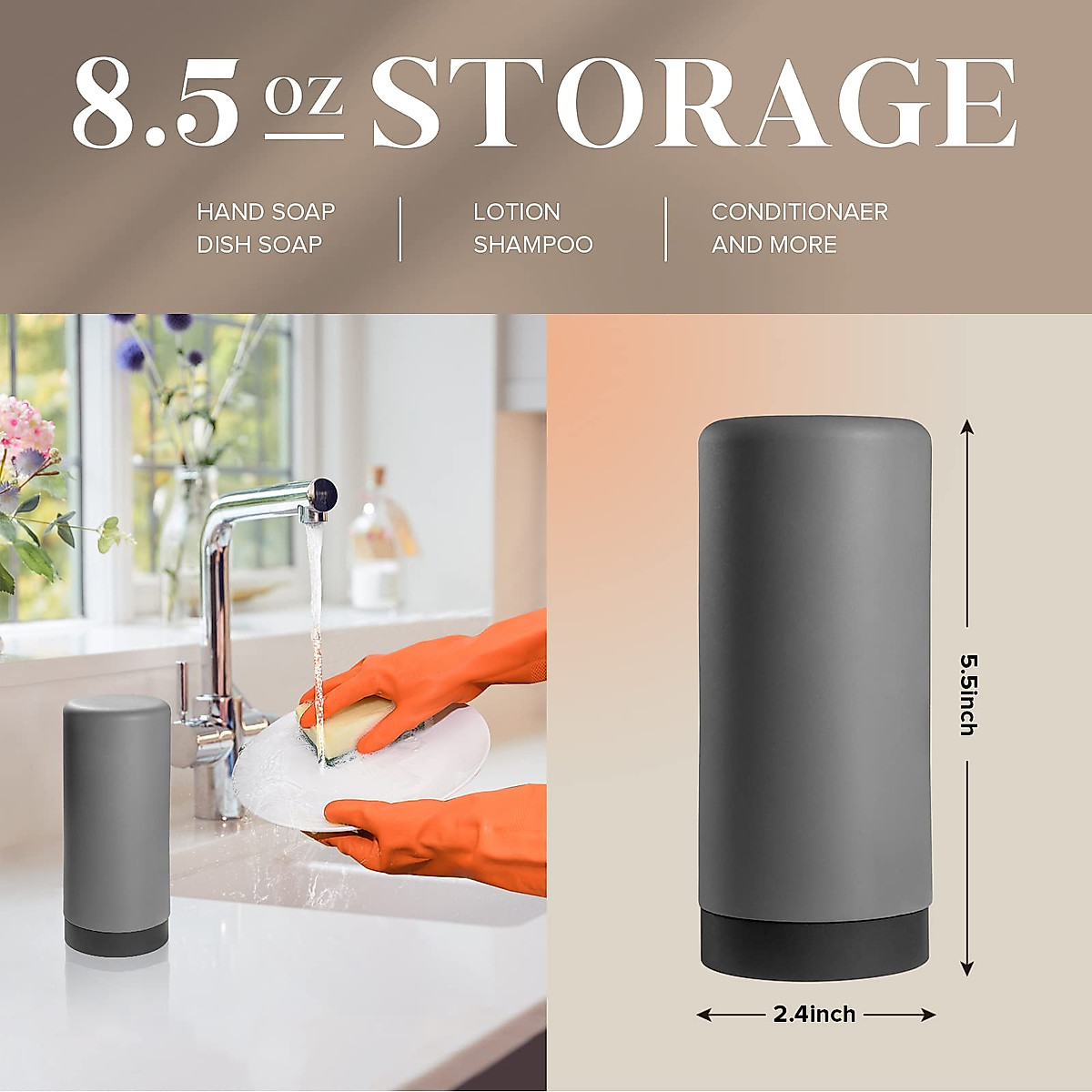 ElmRidge Dish Soap Silicone Dispenser for Kitchen Sink,Squeeze Washing Up Liquid and Hand Soap,Round refillable Silicone Bottles,Easy to Fill and to use, 8.5 oz,Black 2.4 x 2.4 x 5.5 inches (Gray)