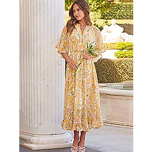 ANRABESS Women's Summer Ruffle Maxi Dress Floral Print 3/4 Bell Sleeve V Neck High Waist Flowy Boho Long Dress 746fenhuang-XL