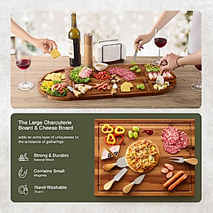 30 inch Large Acacia Wood Charcuterie Board with 4 Knives Set, Magnetic - 3 Parts Wooden Round Tray for Cheese - Long Appetizer Board for Serving Food Platter Cracker Snack