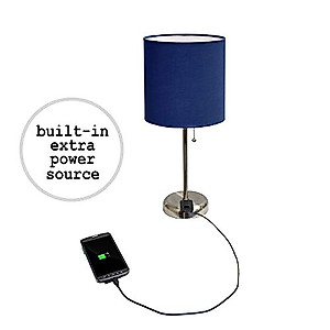 Limelights LT2024-NAV Brushed Steel Stick Table Desk Lamp with Charging Outlet and Drum Fabric Shade, Navy, 8.5 x 8.5 x 19.5