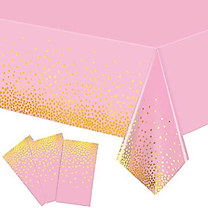 3 Pieces Dot Tablecloth Confetti Rectangle Plastic Disposable Table Cover for Birthday Wedding Baby Shower Engagement Anniversary Bachelorette Party, 54 x 108 Inch (Pink and Gold)