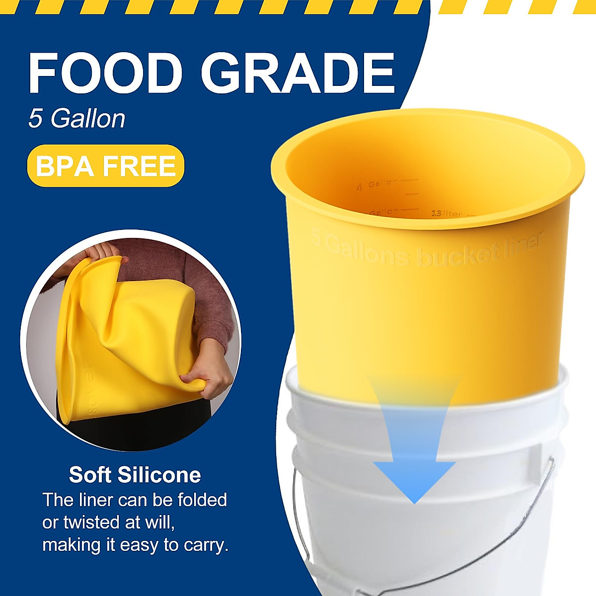 BUCKET LINER - 5 Gallon Bucket Saver Silicone Bucket Reusable Liners for Thinset and Concrete Mix (Yellow)