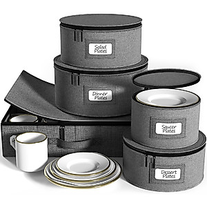 Sorbus China Dinnerware Storage Organizer Hard Shell 5-Piece Set for Protecting or Transporting - Service for 12 - Round Plate and Cup holder with Quilted Felt for Plate Dividers (Gray)