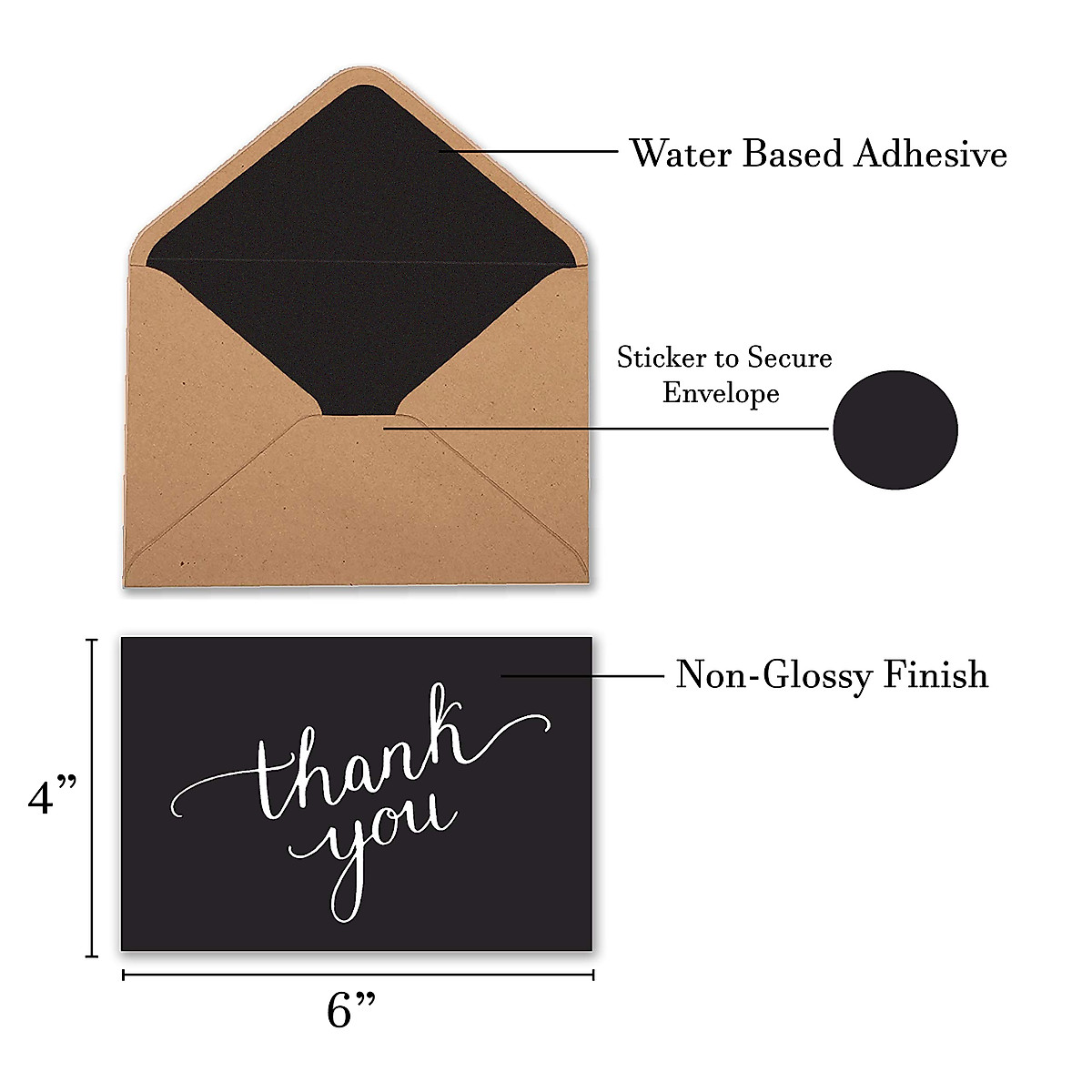 100 Black Thank You Cards with Brown Kraft Envelopes and Stickers - 4 Designs Bulk Notes for Official, Formal, Office, Graduations, Business, 4x6 Inch Folded