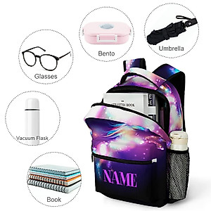 Custom Galaxy Purple Unicorn Backpack for Kids Boys Girls, Children Personalized Backpack with Name Text Customized Daypack Schoolbag for Student Bookbag