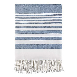 SARO LIFESTYLE Sevan Collection Stripe Pattern Fringe Hem Lightweight Throw Blanket, 50" x 60", Navy Blue