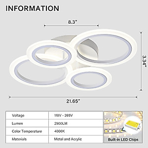 ZUYURT Modern LED Ceiling Light, White Flush Mount Ceiling Light, 4 Rings Close to Ceiling Lamp Lighting Fixture for Kitchen, Living Room, Bedroom, Laundry Room, 4000K