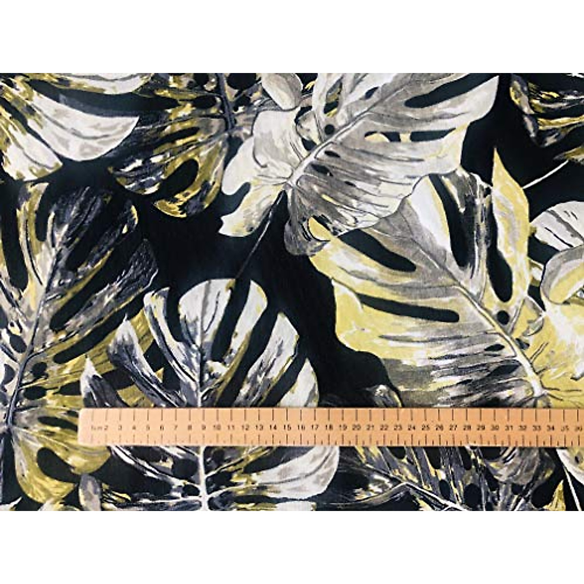 Black & Green Palm Banana Leaf Print Fabric Tropical Leaves Cotton Curtain Material Upholstery - 55 inches Wide (Sold by The Yard)