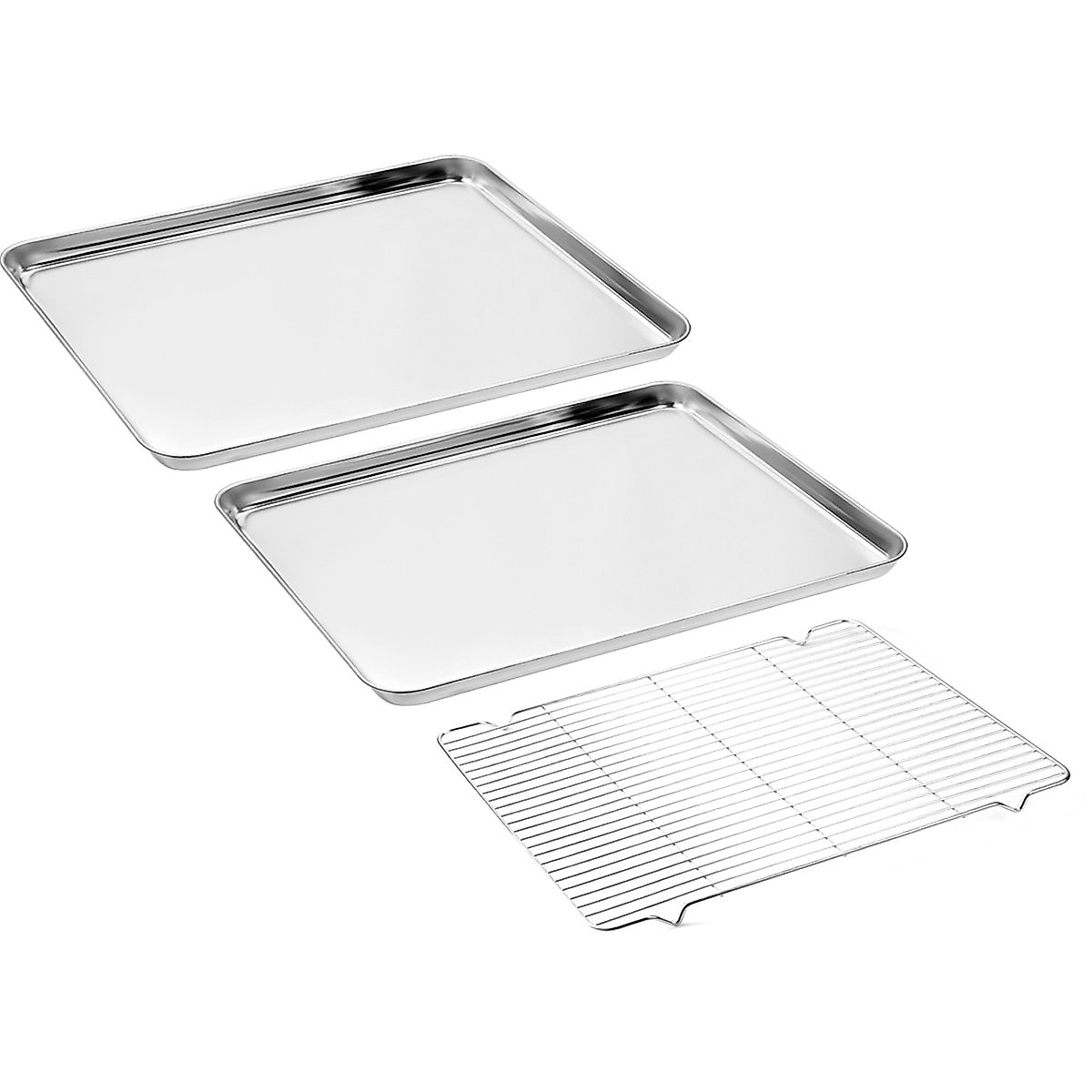 Baking Sheets 2 Pieces with A Rack, HKJ Chef Cookie Sheets and Nonstick Cooling Rack & Stainless Steel Baking Pans & Toaster Oven Tray Pan, Rectangle Size 12.5 x 10 x 1 inch & Non Toxic