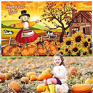 Blulu Happy Fall Y'all Party Decoration Backdrop Welcome Fall Scarecrow Harvest Decorative Autumn Background for Halloween Thanksgiving Party Décor Harvest Time Pumpkin (Orange Fall)