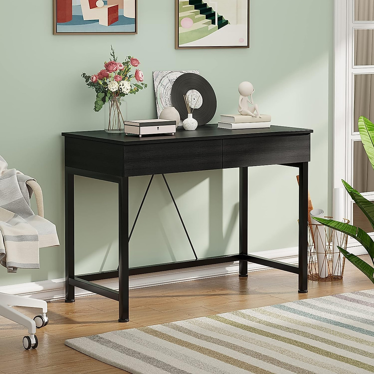 CAIYUN 40Inch Small Computer Desk with Drawers, Home Office Desks with Storage, Simple Modern Kids Desk, Vanity Desk for Bedroom, Work Study Writing Desk Table for Small Spaces (Black, Wooden)