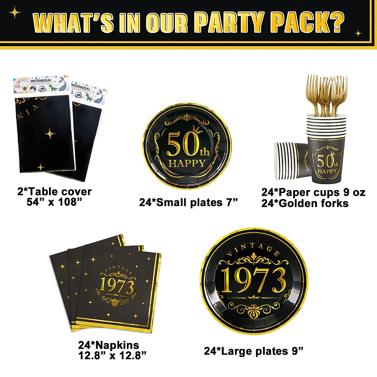 50th Birthday Party 122 PCS Plates Forks Cups Napkins and Tablecloths - Disposable Paper Dinnerware Set Women Men Vintage 1973 Party 50 Years Old Retirement Party Tableware Serves 24 Guests