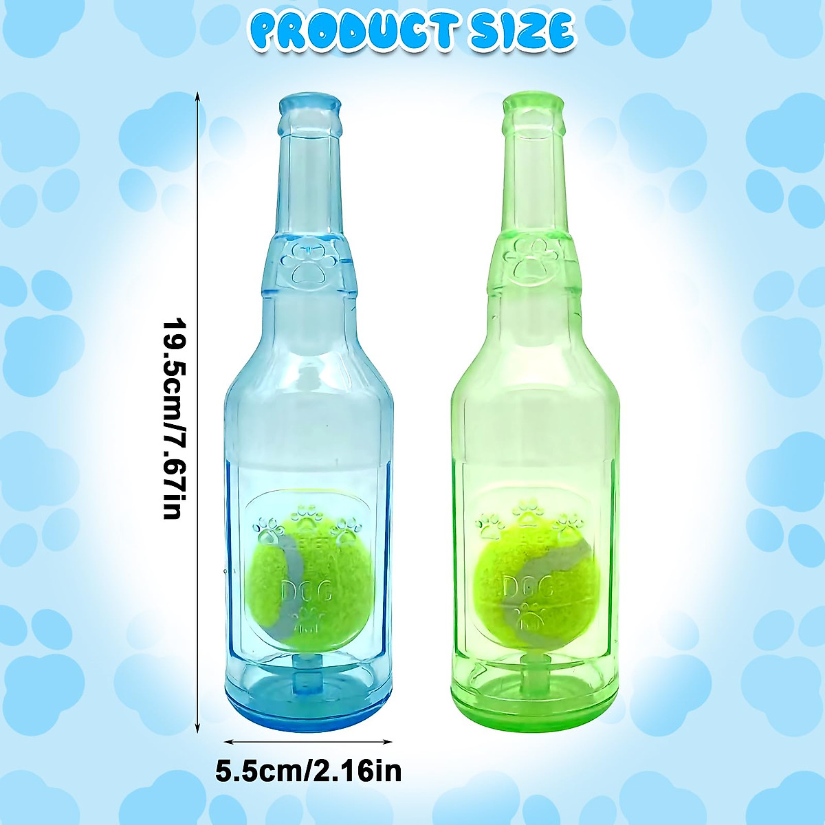 Aerbee 2Pcs Crunchnplay Bottle Toy for Dogs, Interesting Squeaky Dog Toys, 7.7" Rubber Water Bottle Toys with Tennis Ball, Outdoor Interactive Dog Toys Dogs Dental (Blue & Green)