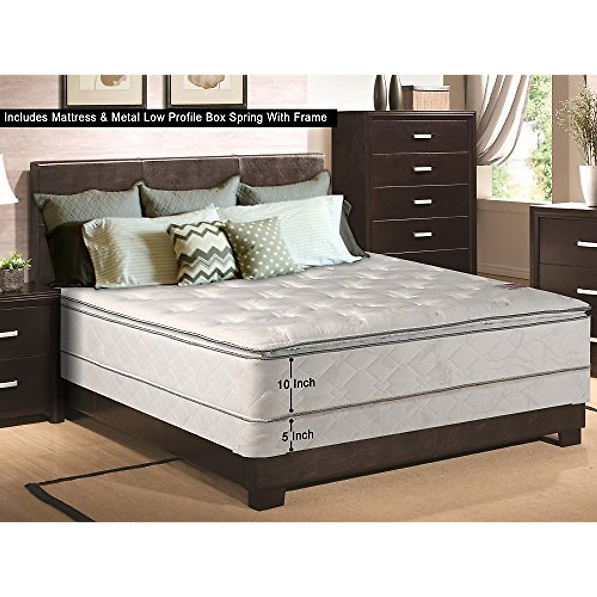 Mattress Solution 10-Inch Medium Plush Pillowtop Innerspring Fully Assembled Mattress And 4" Low Profile Metal Box Spring/Foundation Set With Frame, Twin XL