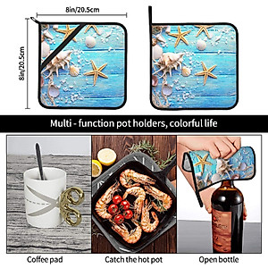 Beach Theme Sea Shell Wooden Pot Holders Set of 2 Heat Resistant Hot Pot Holder Pads Kitchen Potholder for Cooking and Baking