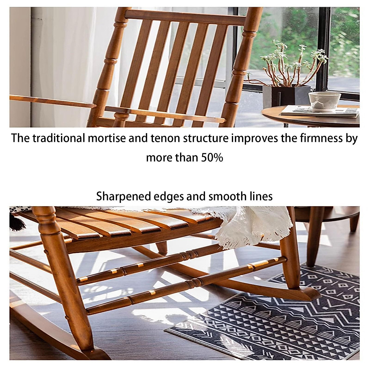 Outdoor Solid Wood Living Room Rocking Chairs, American Country Style Patio Chairs for Adults, Casual Summer Nordic Balcony Outside Furniture, Load-Bearing 175kg/385lbs