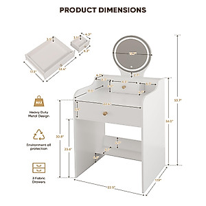 LIVELYGLOW Small Vanity Desk Set with Round Mirror and Light- Vanity Desk with Drawer- White