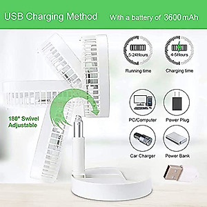 Portable Desk Fan,Foldable Fan Pedestal Stand Floor Fan Adjustable Height from 14.2 inch to 39inch, 4 Speeds & Time Settings, 7200mAh Rechargeable Battery Telescopic Oscillate USB Charging (WHITE)