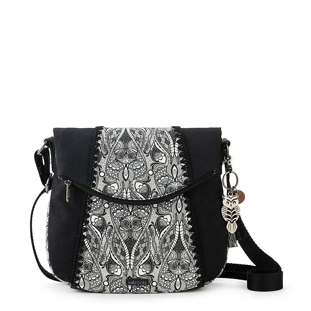 Sakroots Foldover Crossbody Bag in Cotton Canvas, Multifunctional Purse with Adjustable Strap & Zipper Pockets, Black & White Soulful Desert 2