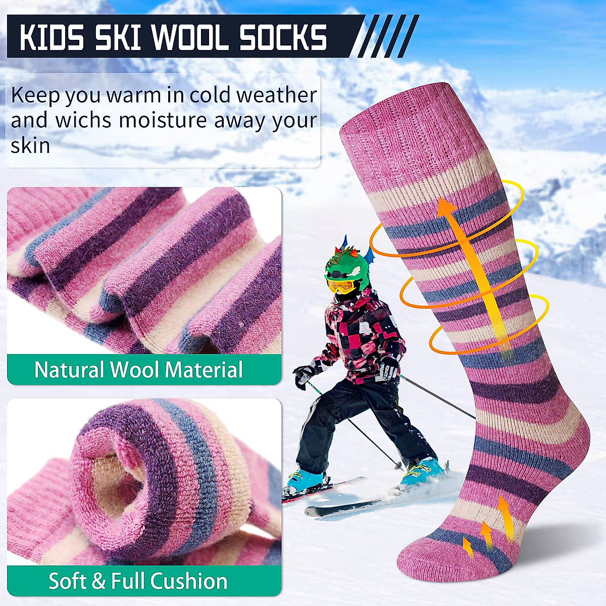 DoSmart Kids Merino Wool Snow Socks,Boys Girls Toddlers Winter Warm Thermal Skiing Snowboarding Skating (2 Pair C,4-7 Years)