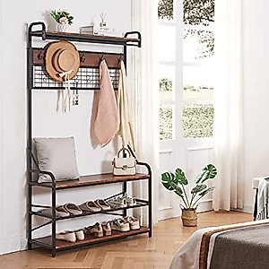 HOMISSUE 5-In-1 Entryway Hall Tree with Shoe Bench, Coat Rack with 11 Hooks and 2 Hanging Rods, Grid Panel for Memo and Photo Display, Brown Finish