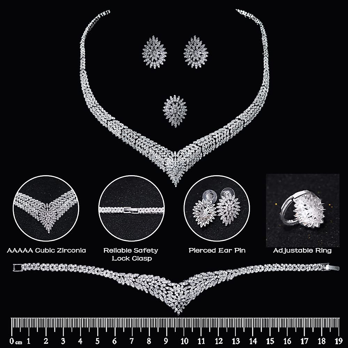 Jorsnovs Dubai Indian Wedding Jewelry for Bride 4pcs Zircon Earrings and Necklace Bracelet Ring Set Formal Jewelry for Women Evening Wear