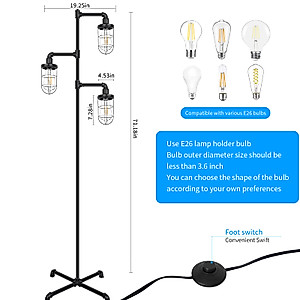 CONCA Steampunk Three Head Floor lamp, Tree Industrial Floor lamp, Rustic Edison Bulb, cage Shade Floor lamp (Black)