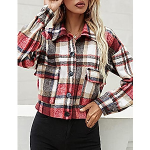 UANEO Womens Cropped Plaid Shacket Brushed Button Down Casual Flannel Shirt Jacket (Red, Large)