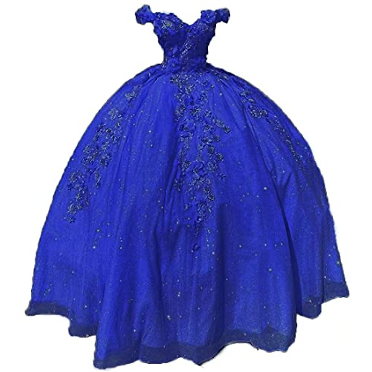 DKBridal Women‘s 3D Flowers Quinceanera Dresses Glittery Tulle Off The Shoulder Sweet 16 Dresses Royal Blue 24