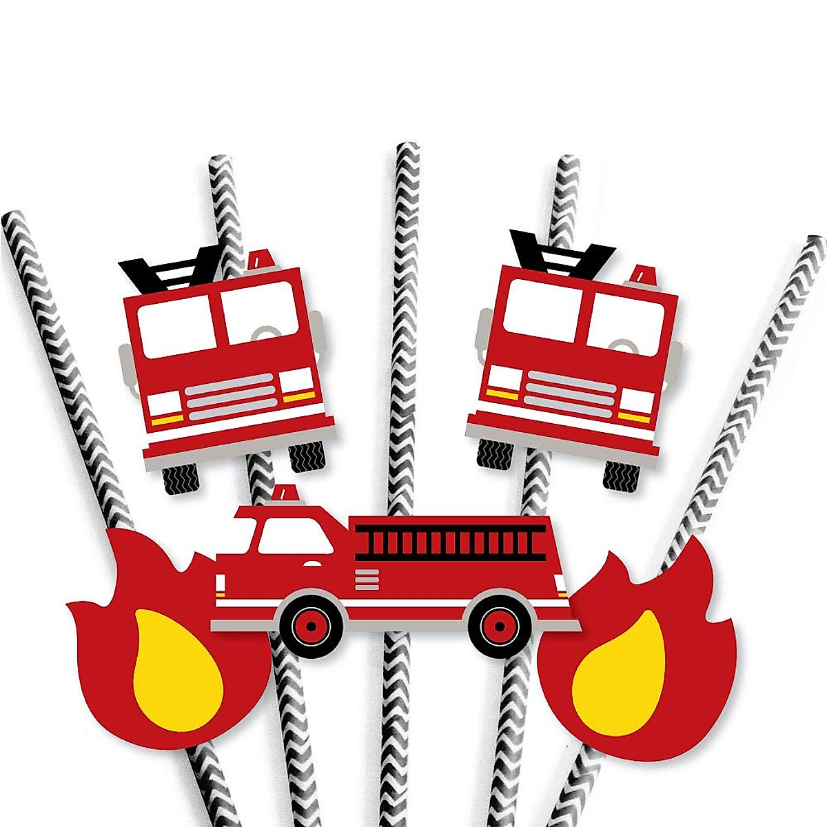Fired Up Fire Truck - Paper Straw Decor - Firefighter Firetruck Baby Shower or Birthday Party Striped Decorative Straws - Set of 24
