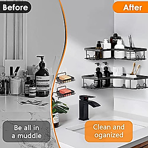 Corner Shower Caddy, 4-Pack Adhesive Bathroom Organizer with Soap Holder & 12 Hooks, Shower Organizer, Rustproof Stainless Steel Shower Organizer, No Drilling Shower Shelves for Bathroom/Kitchen