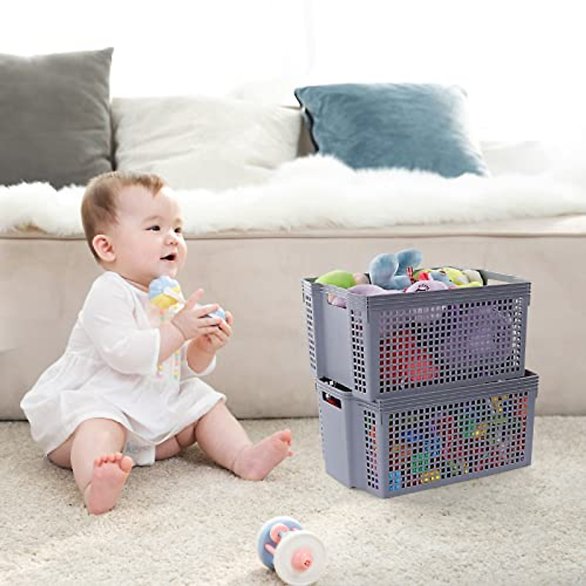 Ponpong 18L Large Plastic Stackable Baskets, Stacking Plastic Storage Basket, Pack of 6