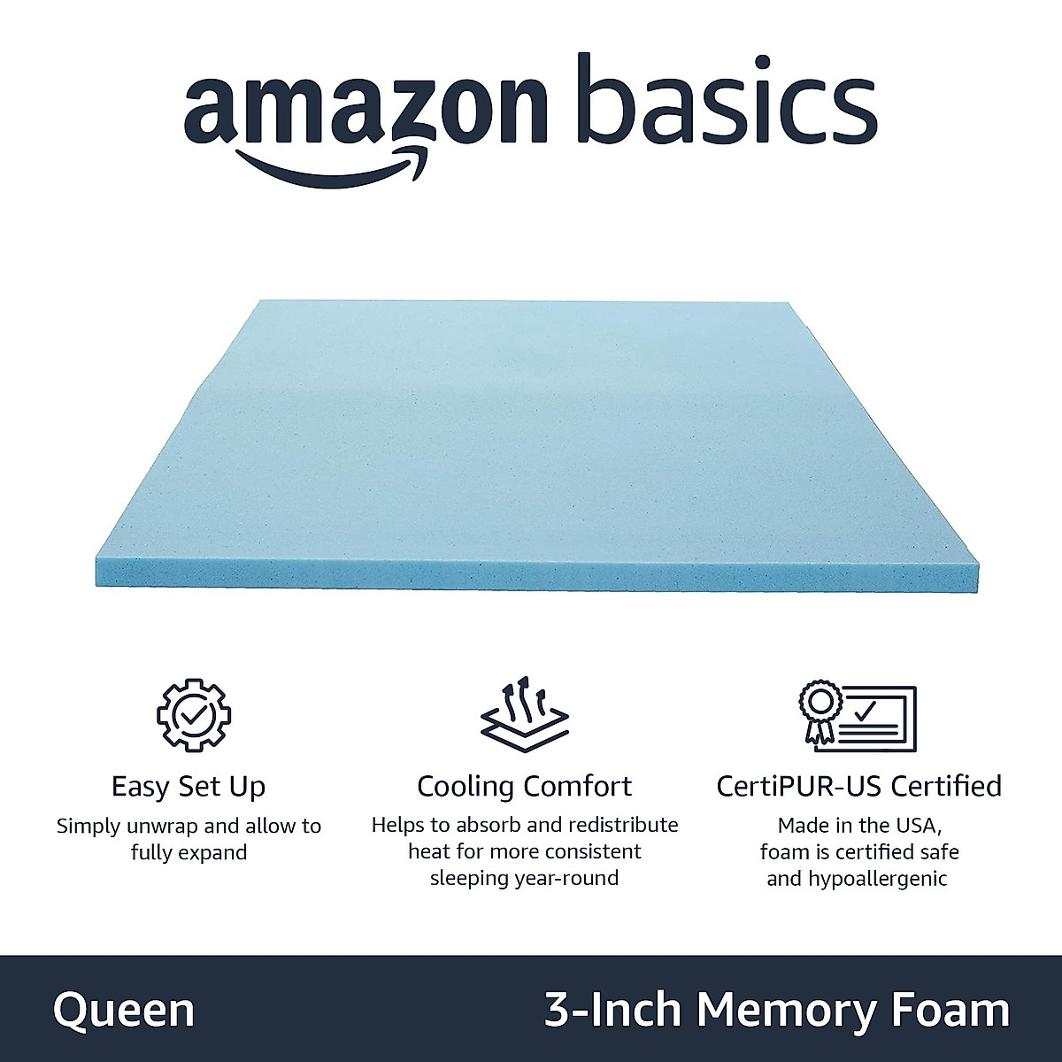 Amazon Basics Cooling Gel-Infused Memory Foam Mattress Topper, CertiPUR-US Certified, 3 Inches, Queen, Blue