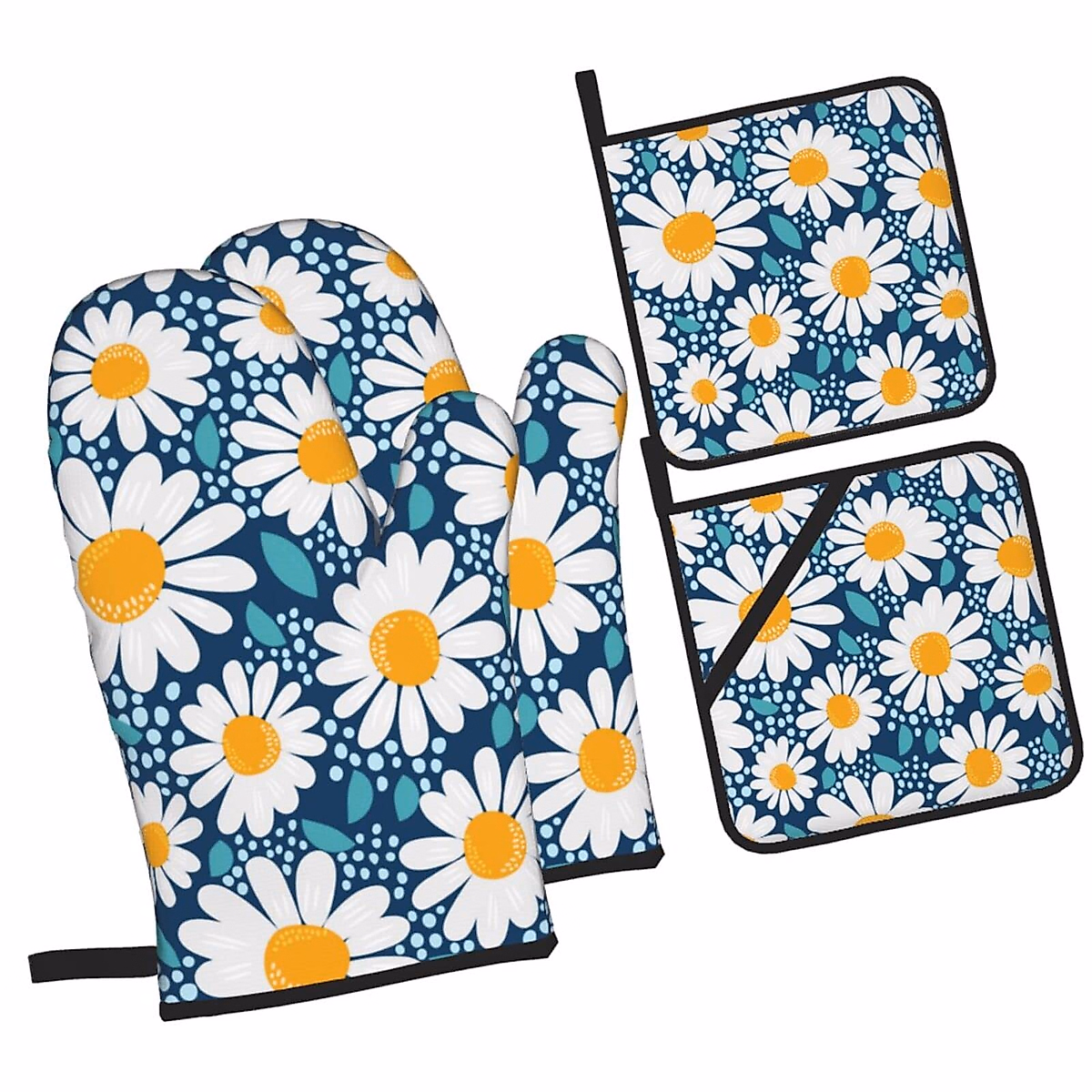 Oven Mitts and Pot Holders Sets of 4 High Heat Resistant Daisy Flowers Oven Mitts with Oven Gloves and Hot Pads Potholders for Kitchen Baking Cooking BBQ Non-Slip Cooking Mitts