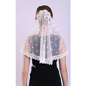 Grettytling Chapel Veil Embroidered Lace Mantilla Veil Head Covering Veils for Church，White