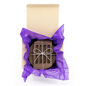 Walnut Wood & Cork Drink Coasters with Holder – Set of 4 Reversible Natural Round Wooden Coasters & Base for Absorbent Furniture Protection for Rustic Home and Office Décor – Perfect Housewarming Gift