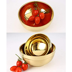 Unbreakable Thick Anti-scald Rice Bowl Double-deck 304 Stainless Steel Food Bowls for Soup, Popcorn, Fruit, Salad, Noodle, etc (Gold, Big)