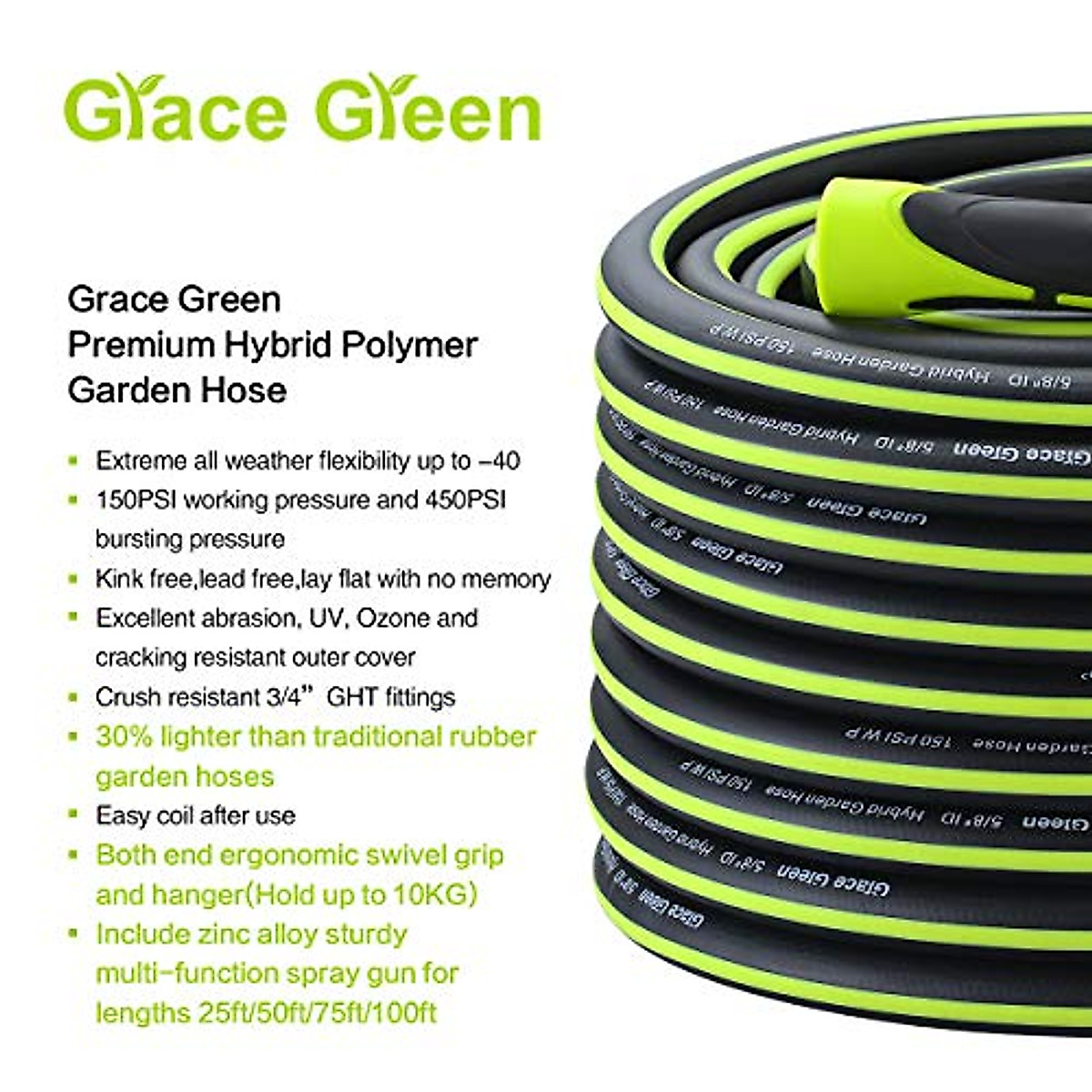 Grace Green Garden Hose,Hybrid 5/8 in.×100FT Water Hose With Zinc Alloy Nozzle, Both End SwivelGrip, Heavy Duty, Light Weight, Flexible