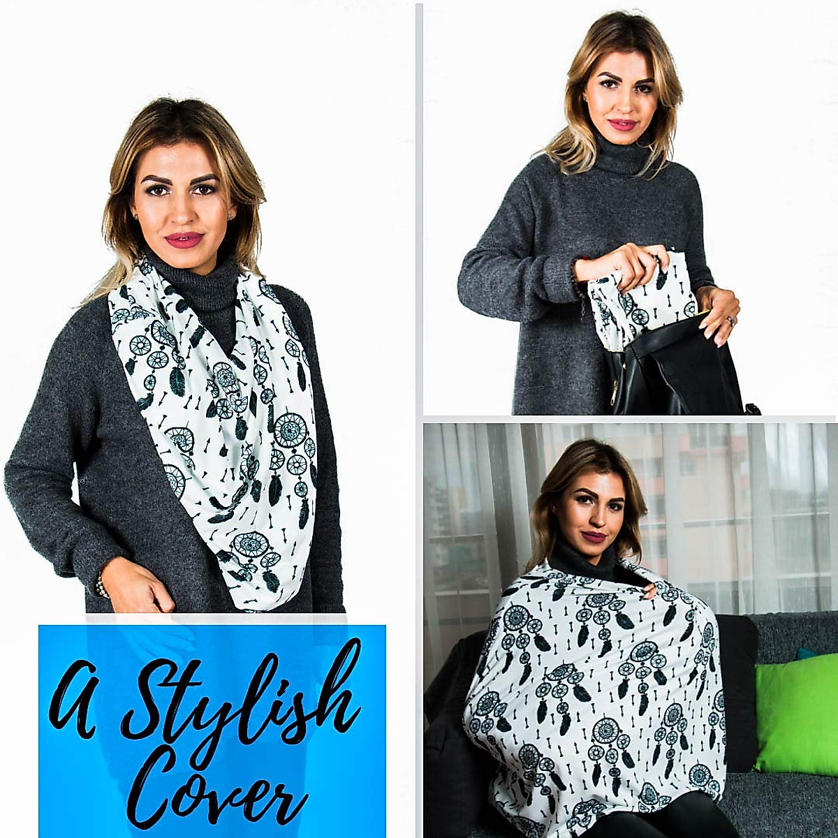 Premium Soft - Nursing Breastfeeding Cover Scarf, Baby Car Seat Cover - Multi Use Nursing Cover Pattern - Ideal Grocery Cart Cover and Highchair - Stretchy Canopy - Dream Catcher by GUFIX
