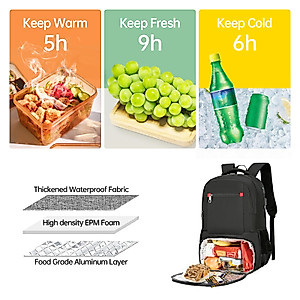 DAILY&DIARY Lunch Backpack, Insulated Cooler Backpack with Lunch Compartment for Men Women Water Resistant Lunch Bag 15.6 Inch Laptop Backpack Durable for Work, School, Camping, Picnics, Black